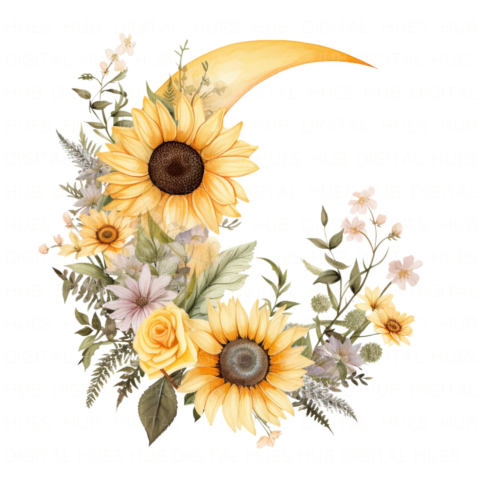 14 Sunflower Moon Clipart Watercolor Floral Moon Nursery Bedroom Art ...