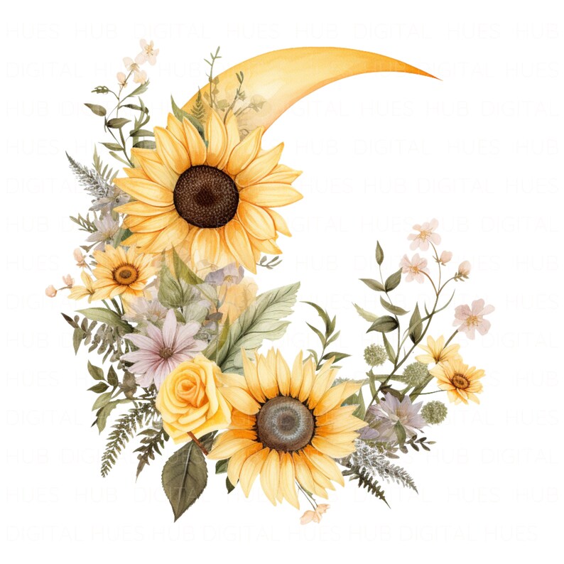 14 Sunflower Moon Clipart Watercolor Floral Moon Nursery Bedroom Art ...