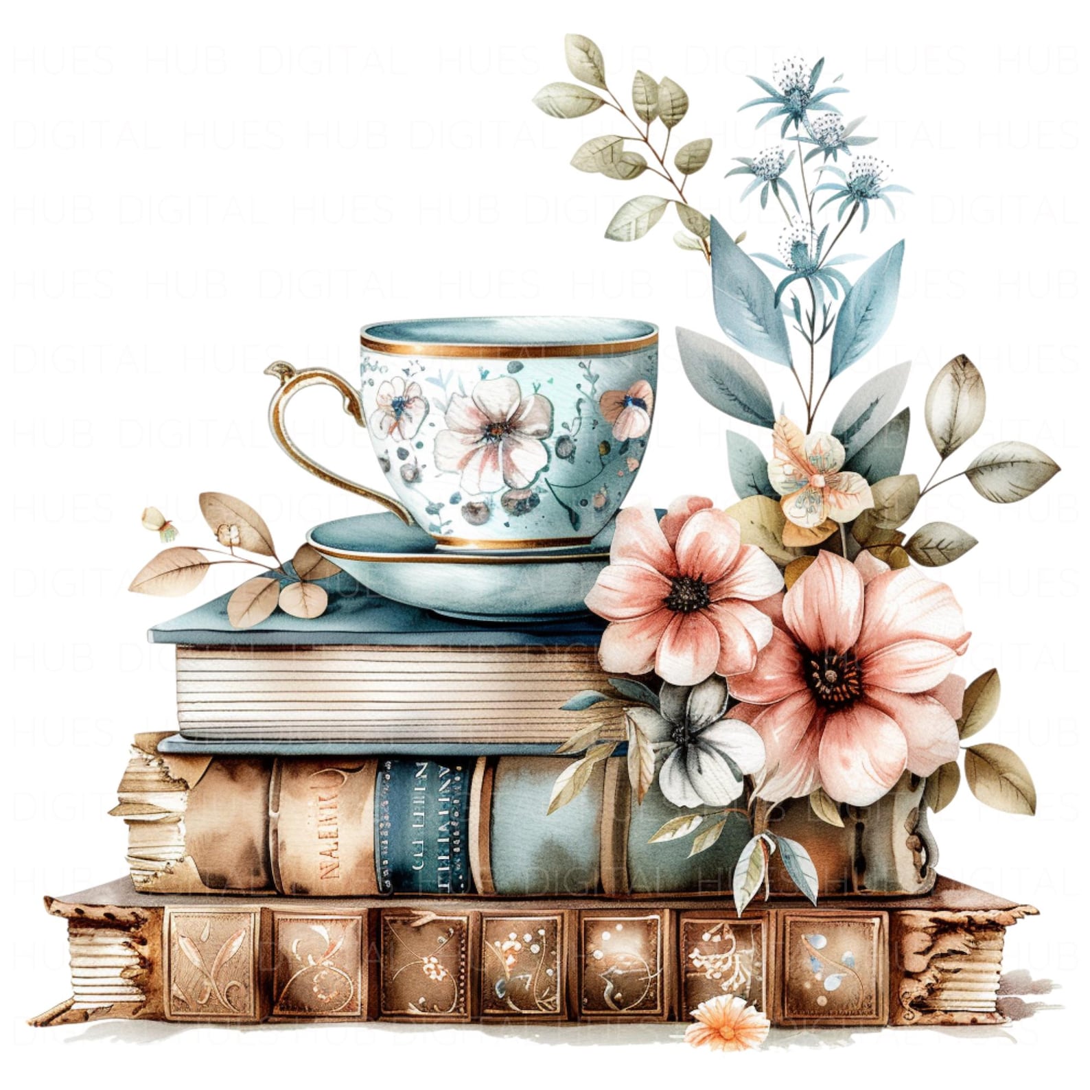 13 Book With Tea Cup Clipart Watercolor Rustic Vintage Book and Coffee ...