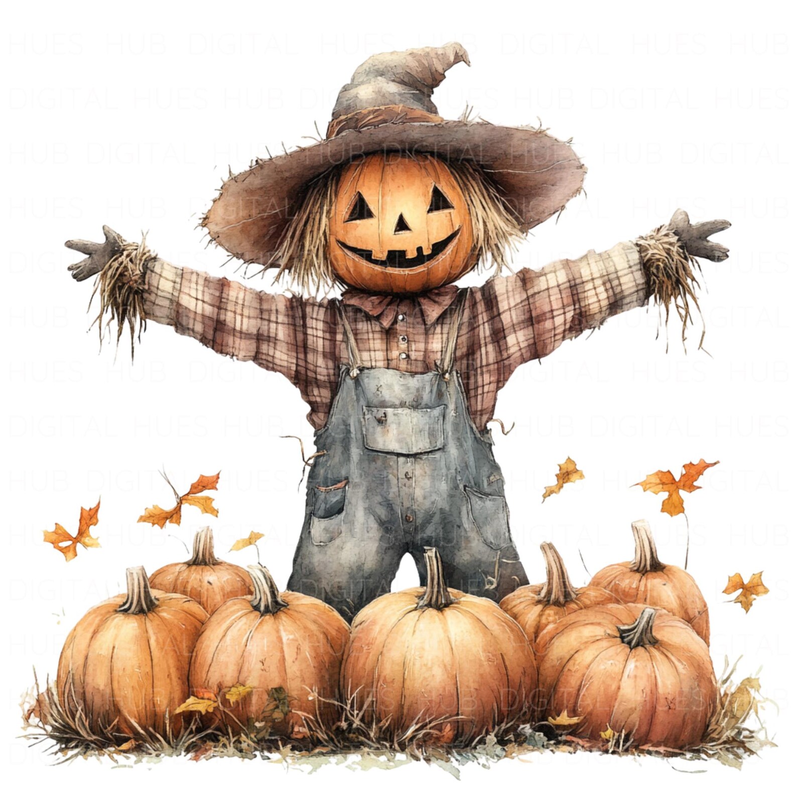 12 Scarecrow Pumpkin Patch Clipart Watercolor Halloween Autumn ...