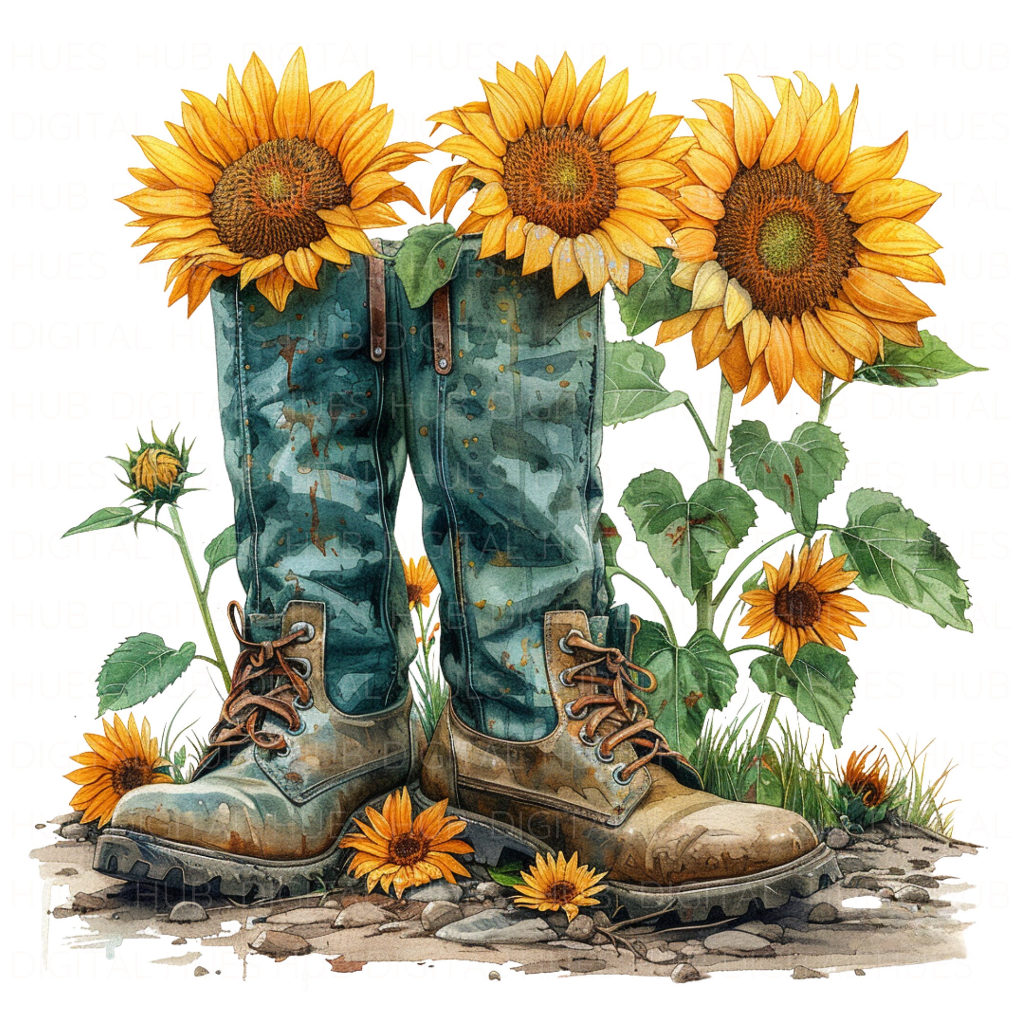 10 Sunflowers in Old Boots Clipart Watercolor Floral Garden Boots ...