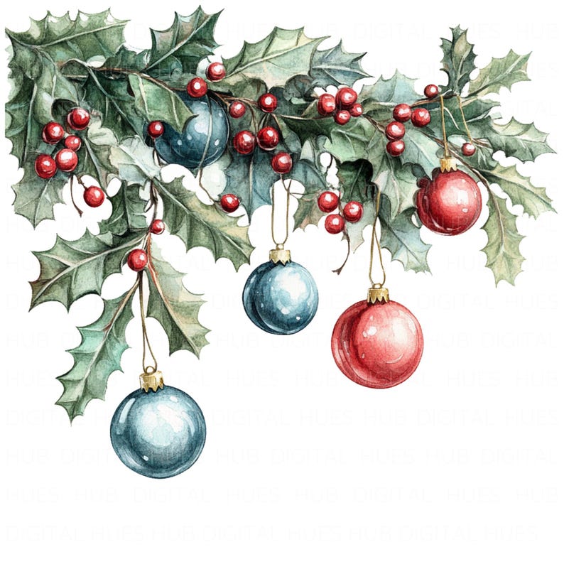 15 Holly Leaves and Baubles Clipart Watercolor Christmas Bauble ...