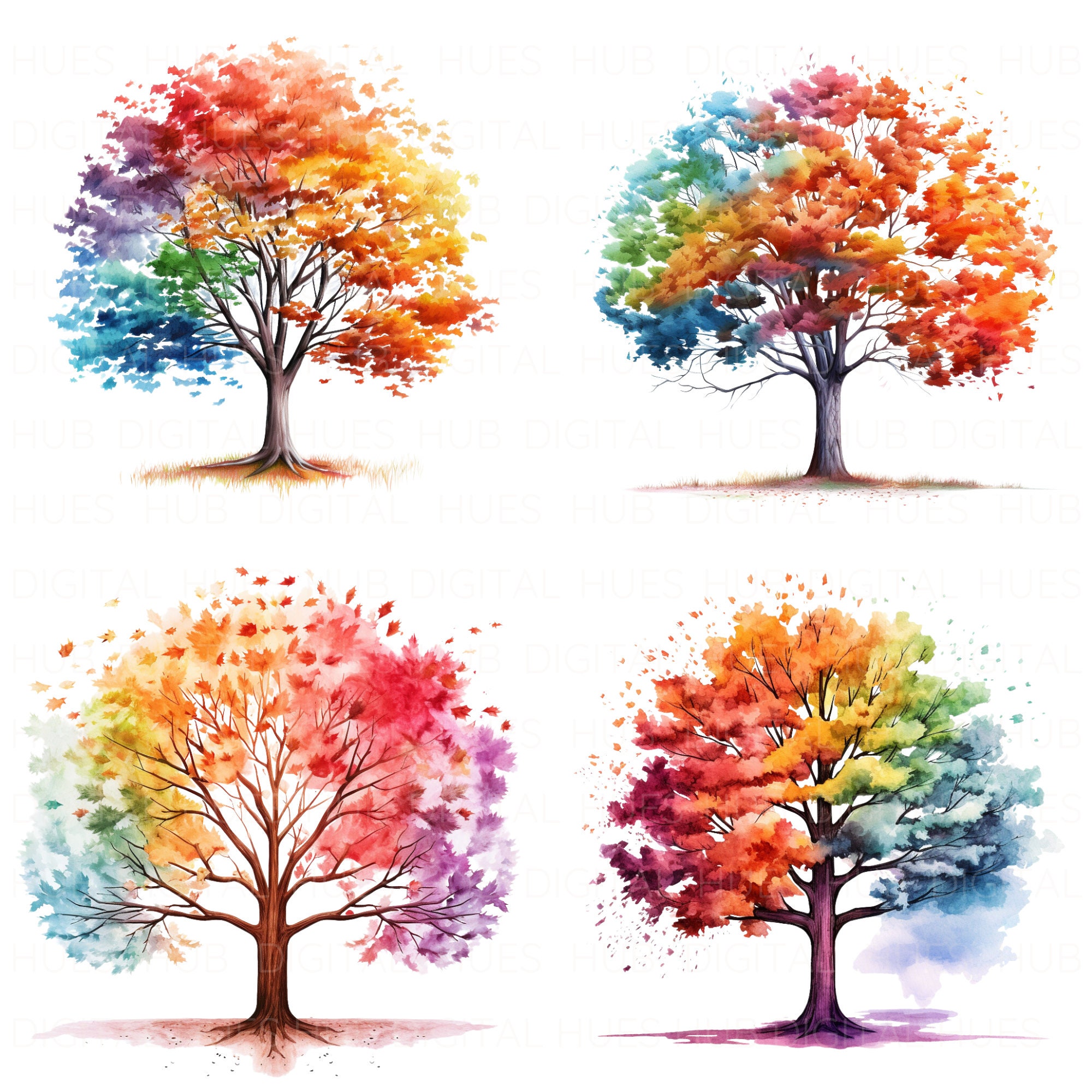 16 All Season Tree Clipart Bundle Watercolor Tree Changing Color High ...