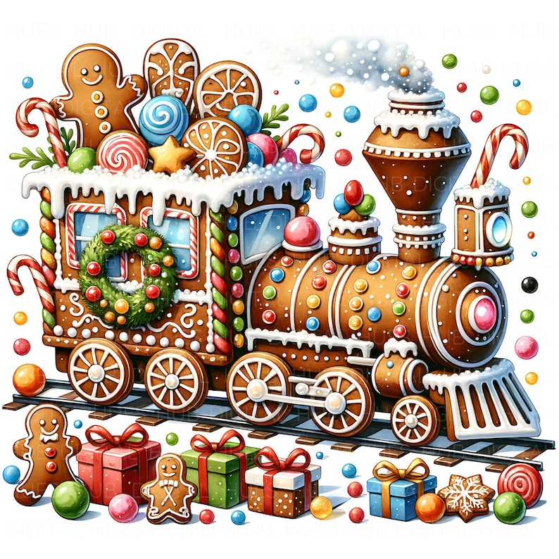 10 Gingerbread Train Clipart: Watercolor Christmas Holiday Cookie ...