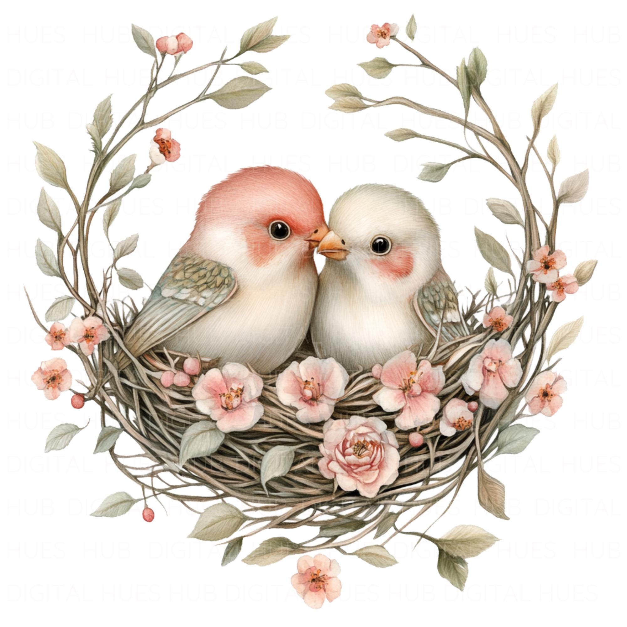 11 Romantic Bird Couple Clipart Watercolor Love Birds Nest Printable ...