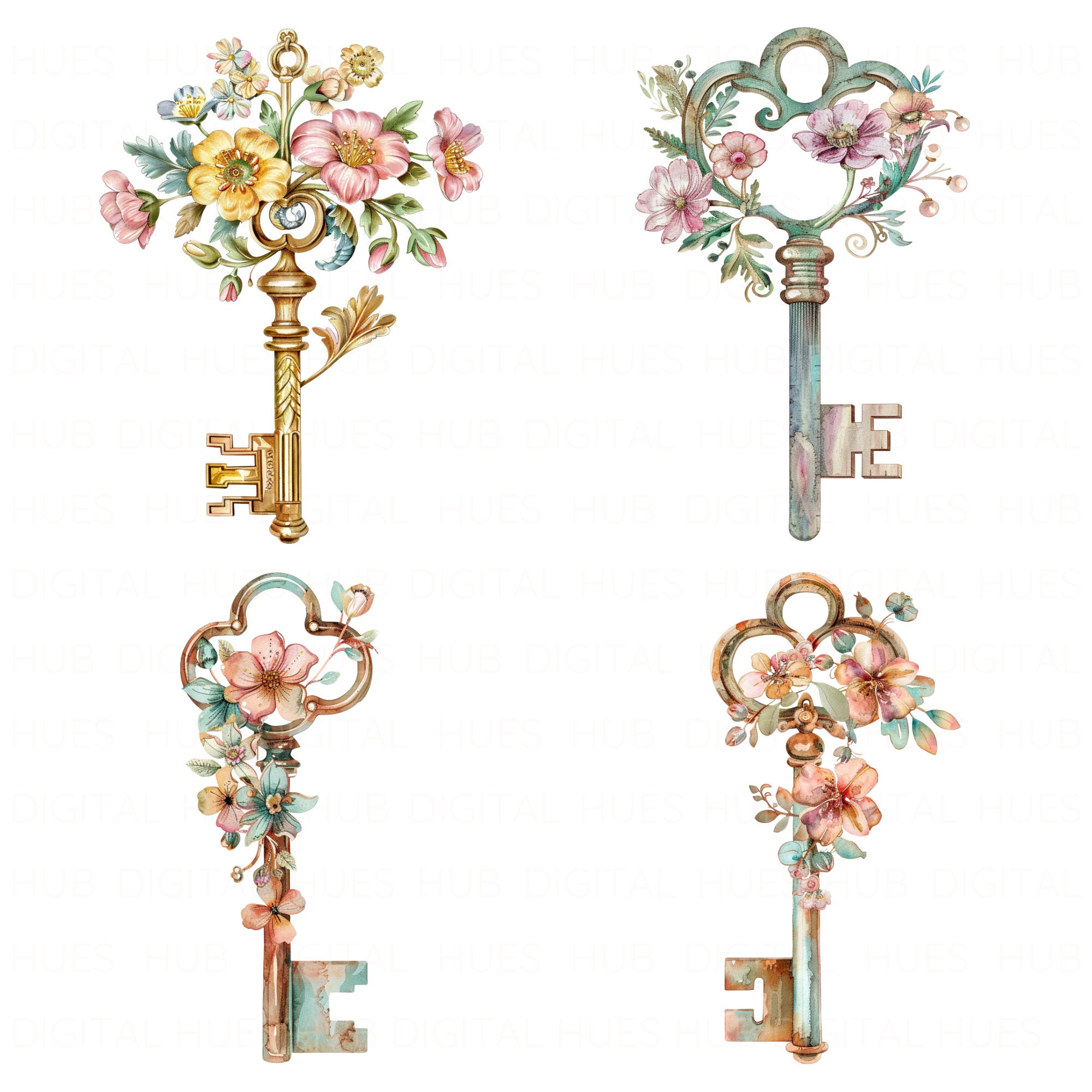 13 Floral Key Clipart Watercolor Fairy Key Art Fantasy Clipart ...