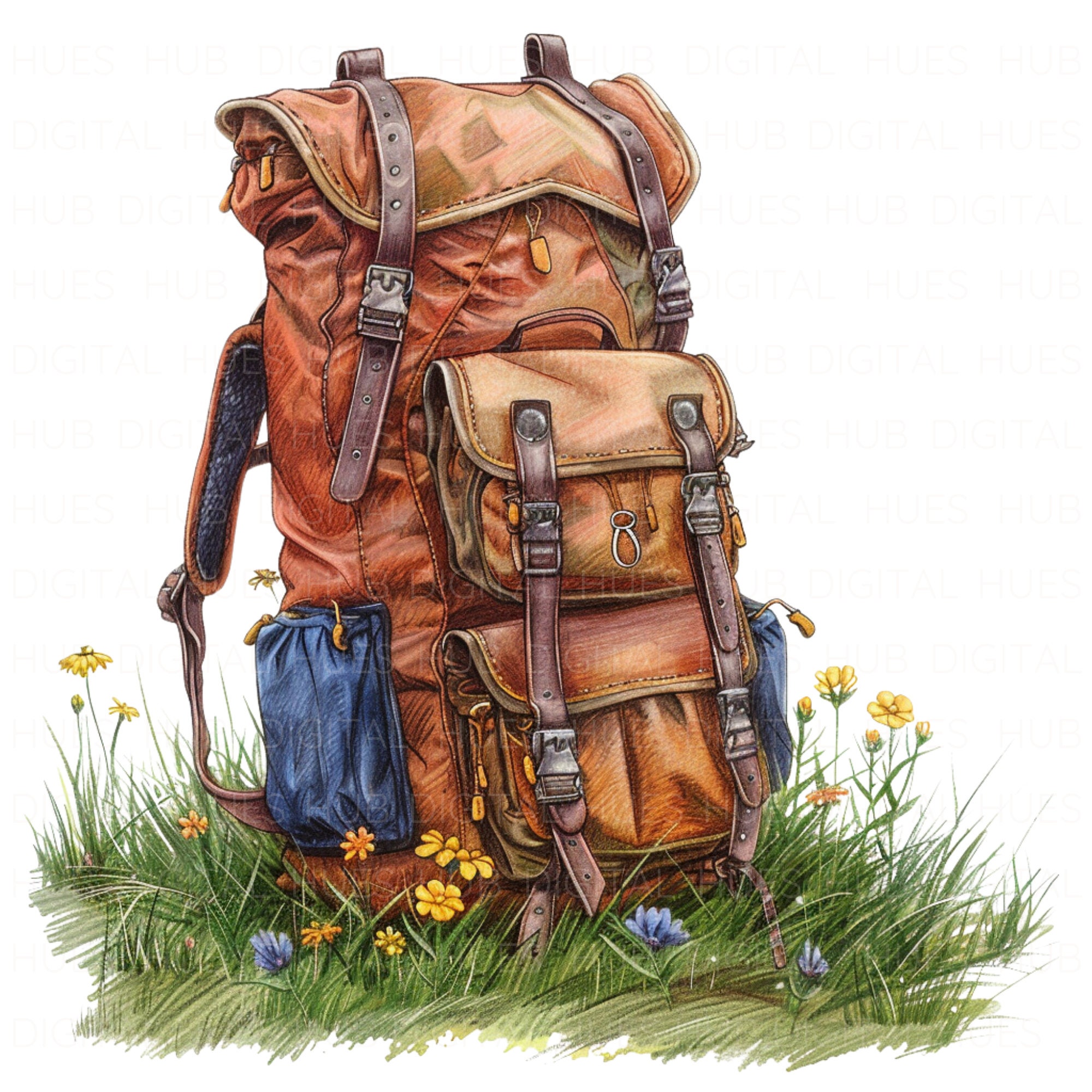 10 Trekking Backpack on Wildgrass Clipart Bundle Watercolor Backpack ...