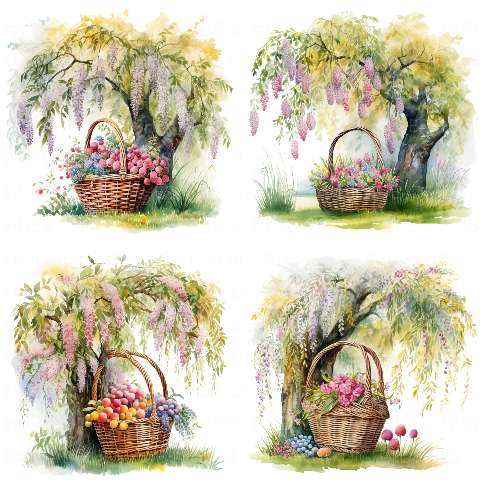16 Wicker Basket Under Tree Clipart Bundle Watercolor Garden Clipart ...