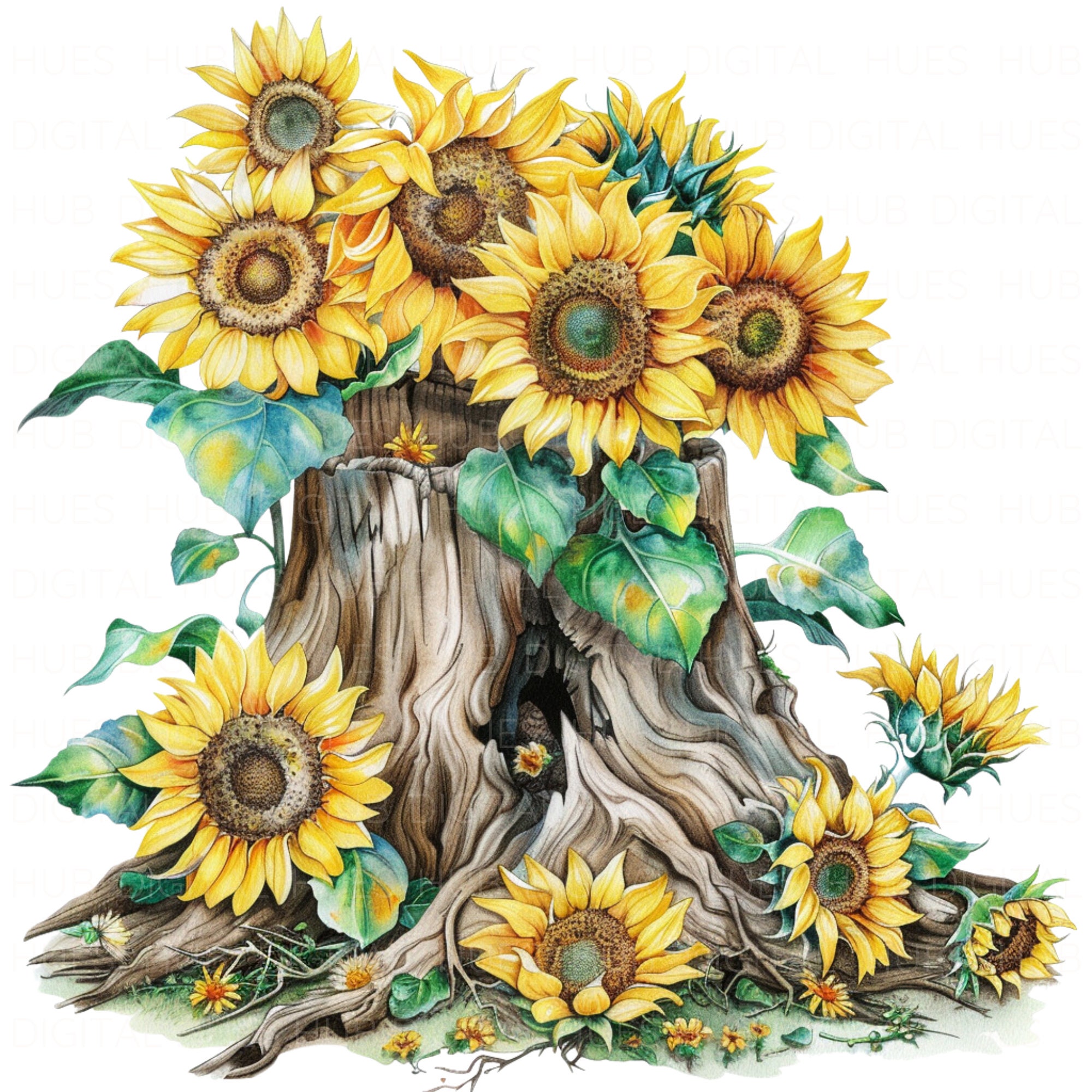10 Floral Tree Stump Clipart Bundle Watercolor Sunflower Tree Trunk ...