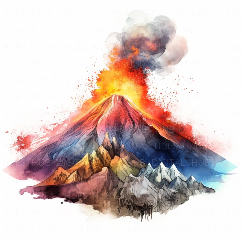 18 Volcano Clipart Bundle Set 1 Watercolor Erupting Volcano Clipart ...