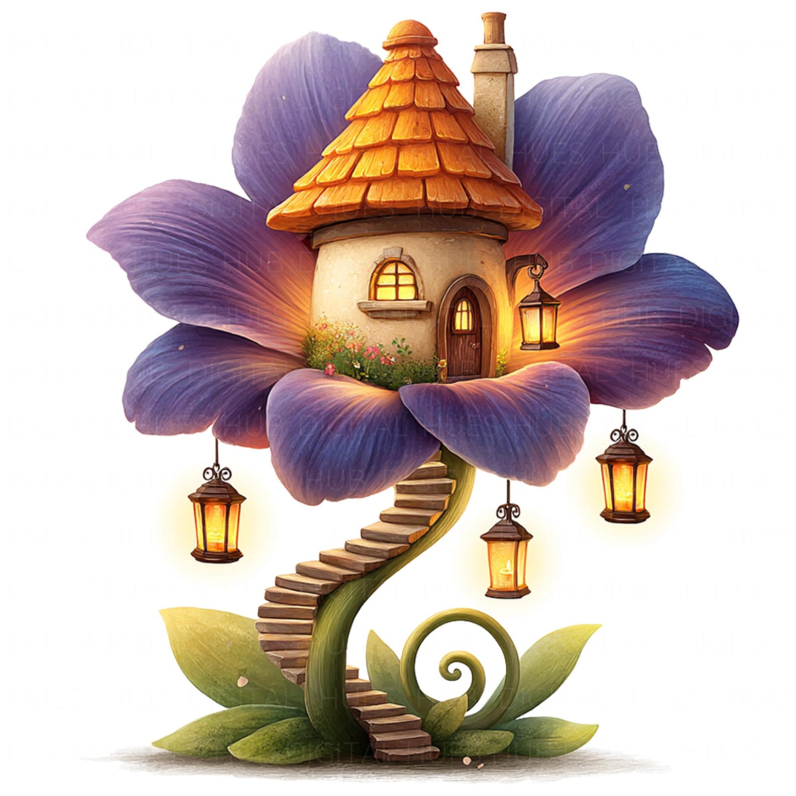 19 Flower Fairy House Clipart Watercolor Purple Flower Whimsical Fairy ...