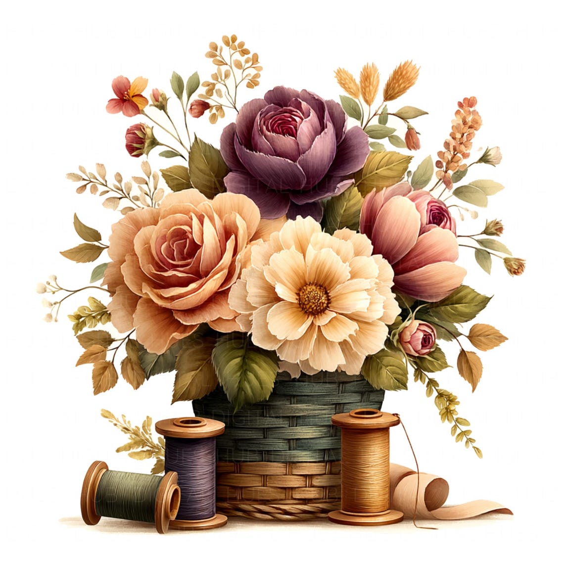 13 Floral Spool Basket Clipart Watercolor Vintage Spools of Thread ...