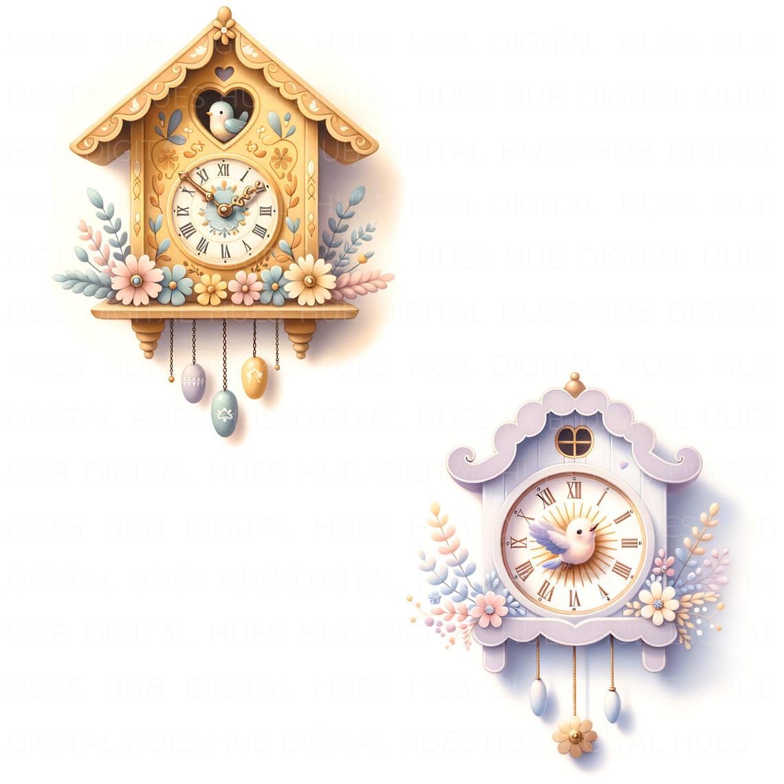 10 Floral Cuckoo Clock Clipart Watercolor Vintage Wall Clock Art ...