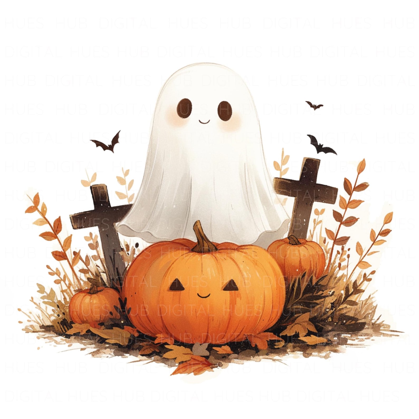 12 Cute Kawaii Ghost Pumpkin Patch Clipart Watercolor Pumpkin Field ...