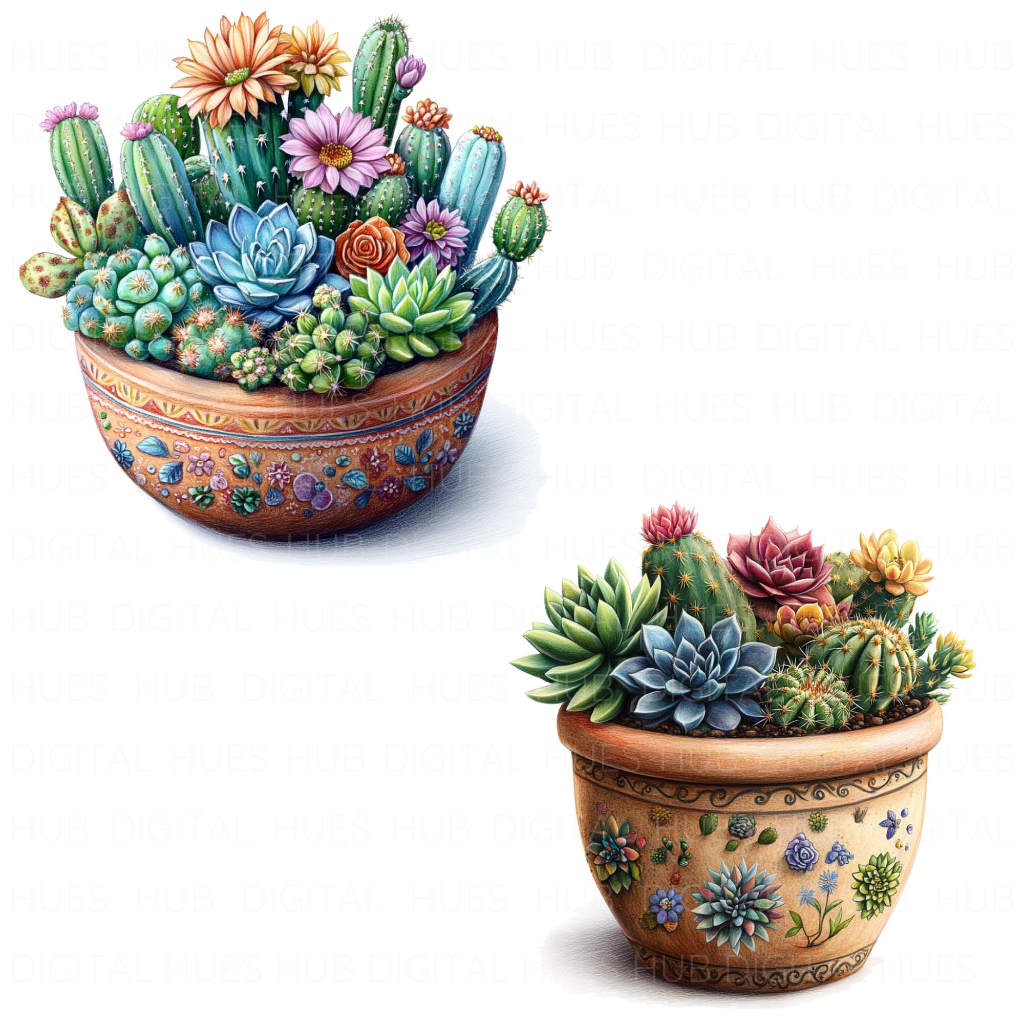 13 Succulent Pot Clipart Watercolor Potted Indoor Cactus Succulent ...