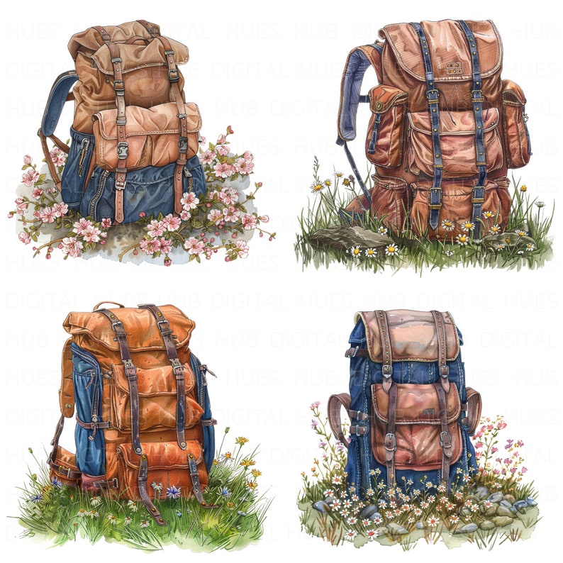 10 Trekking Backpack on Wildgrass Clipart Bundle Watercolor Backpack ...
