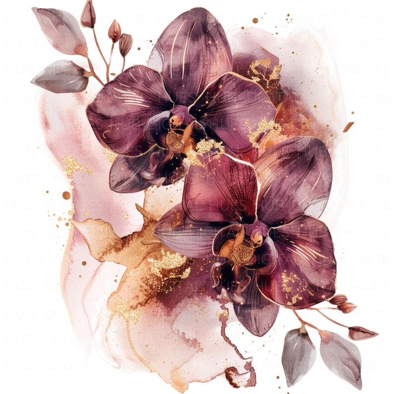 16 Glittering Orchid Clipart Bundle Watercolor Floral Clipart Printable High Quality JPEG for ...
