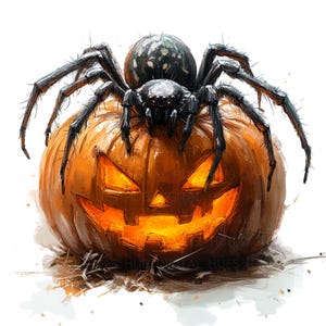 10 Spider on Pumpkin Clipart Watercolor Halloween Spiders Printable ...