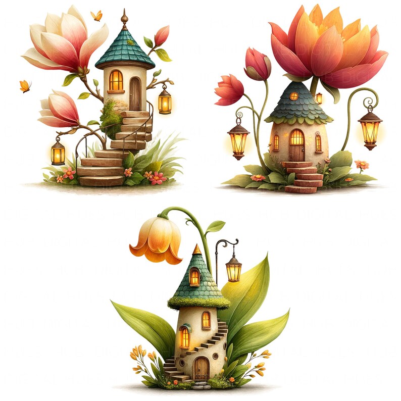 20 Fairy House Flower Clipart Watercolor Spring Flower Whimsical Fairy ...