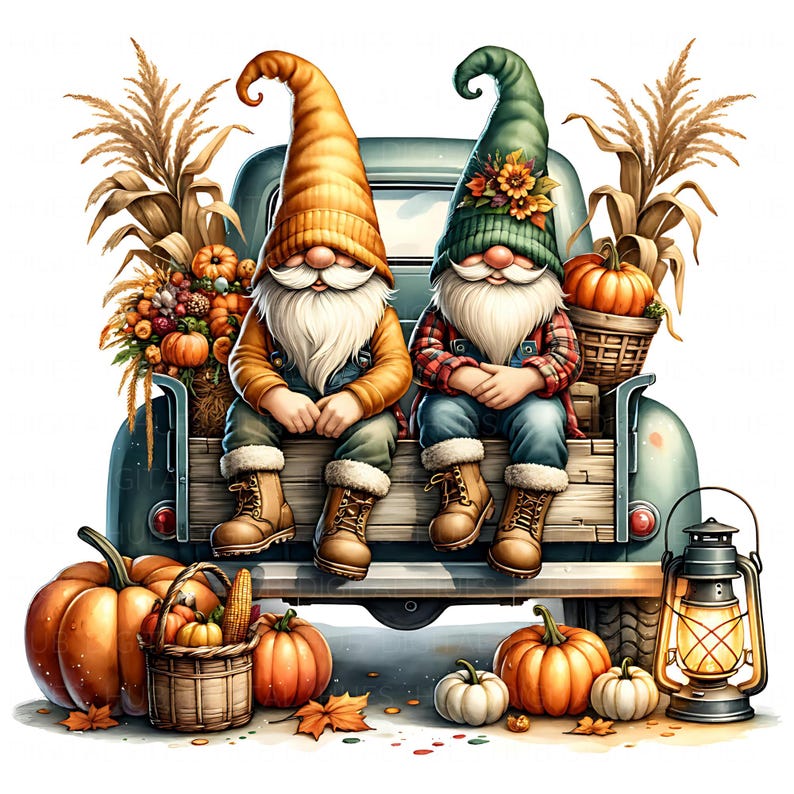 12 Fall Gnome Truck Clipart: Watercolor Autumn Harvest Pumpkins ...