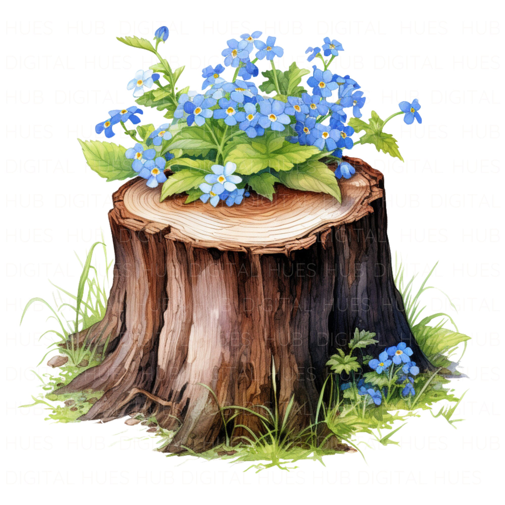 15 Floral Tree Stump Clipart Bundle Watercolor Forget Me Not Printable ...