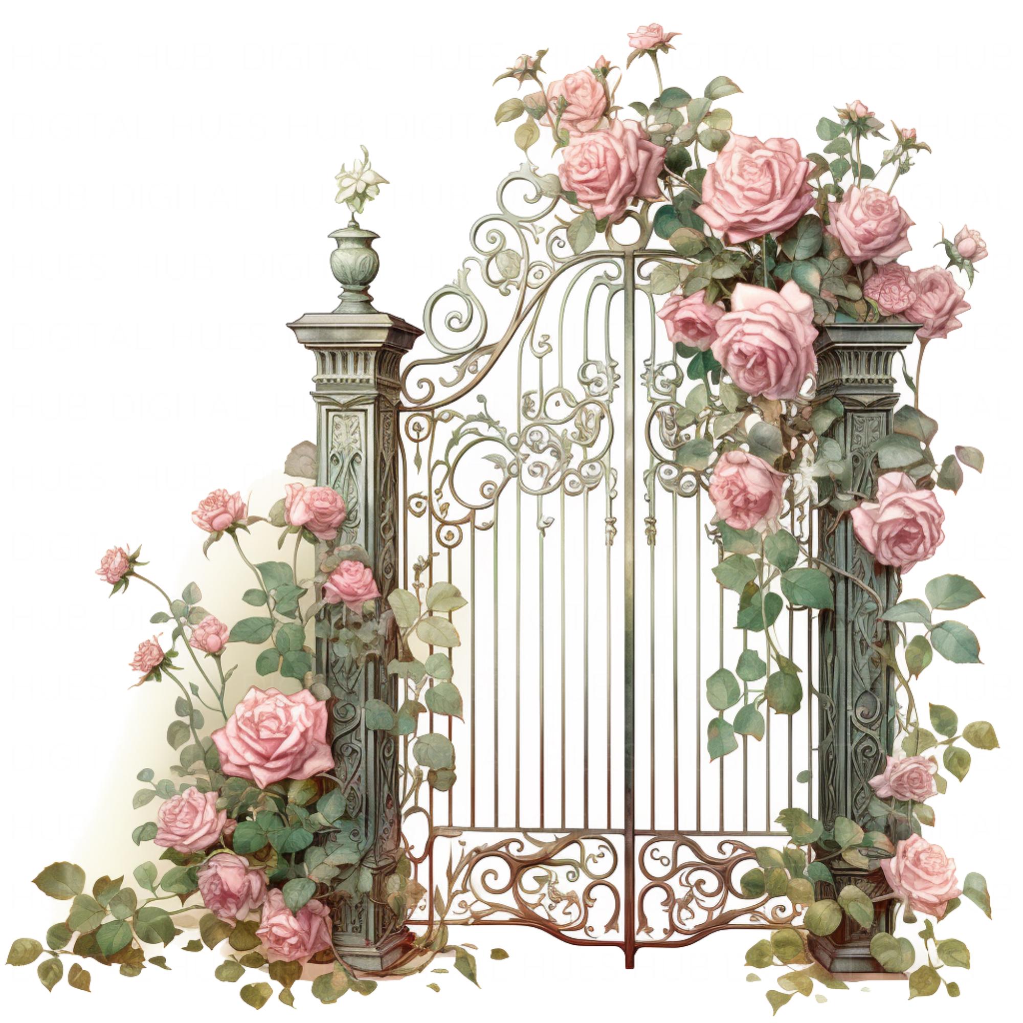 16 Rose Flowers Iron Gate Clipart Watercolor Floral Rustic Summer ...