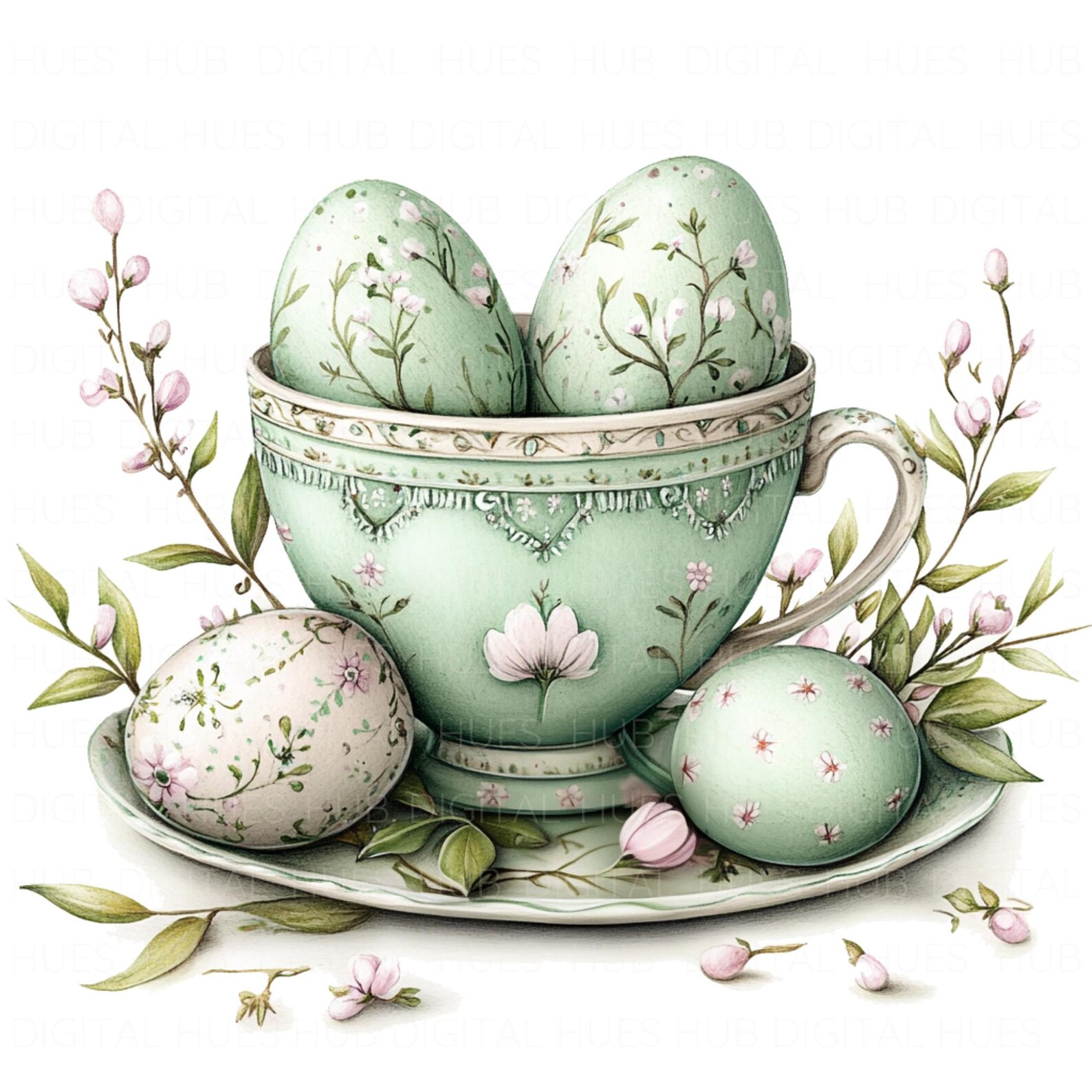 15 Festive Easter Teacup Clipart Watercolor Easter Eggs Cup Printable ...