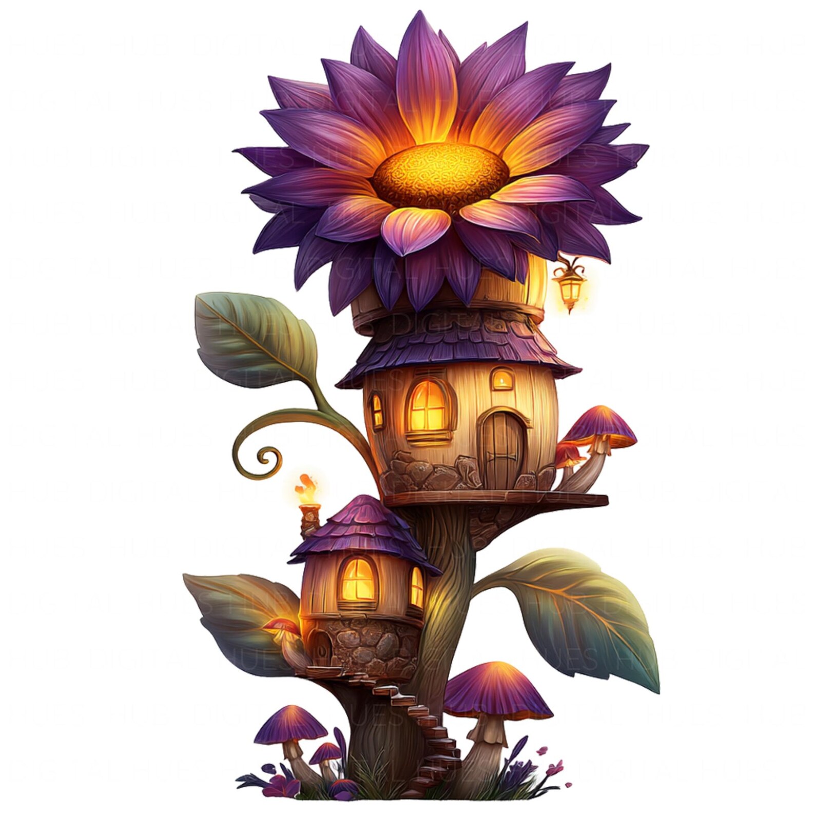 19 Flower Fairy House Clipart Watercolor Purple Flower Whimsical Fairy ...