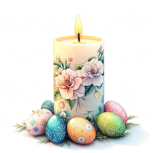 16 Easter Candle With Eggs Clipart Watercolor Floral Spring Candle ...