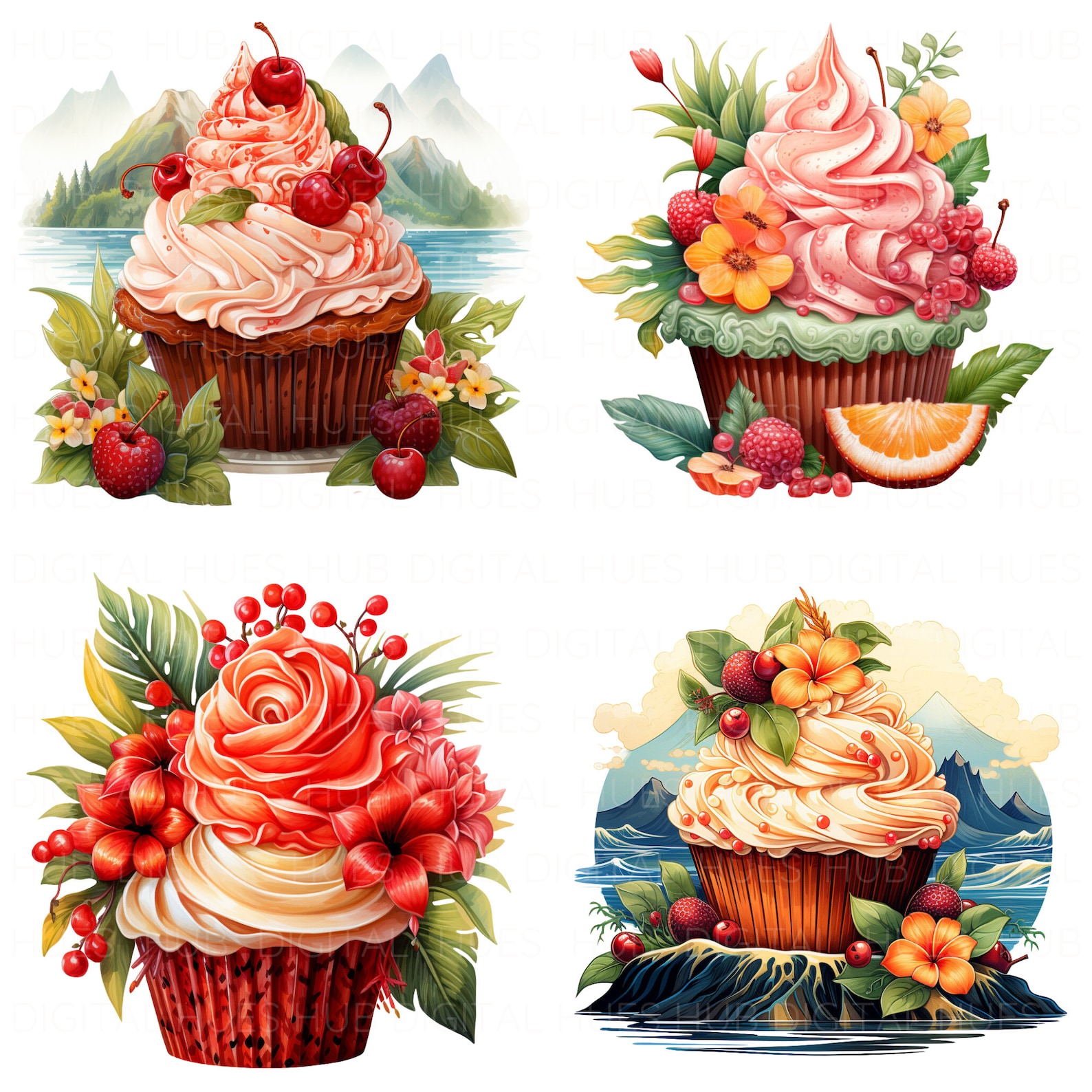 12 Cupcakes in Landscape Clipart Bundle Cupcake Clipart Printable High ...