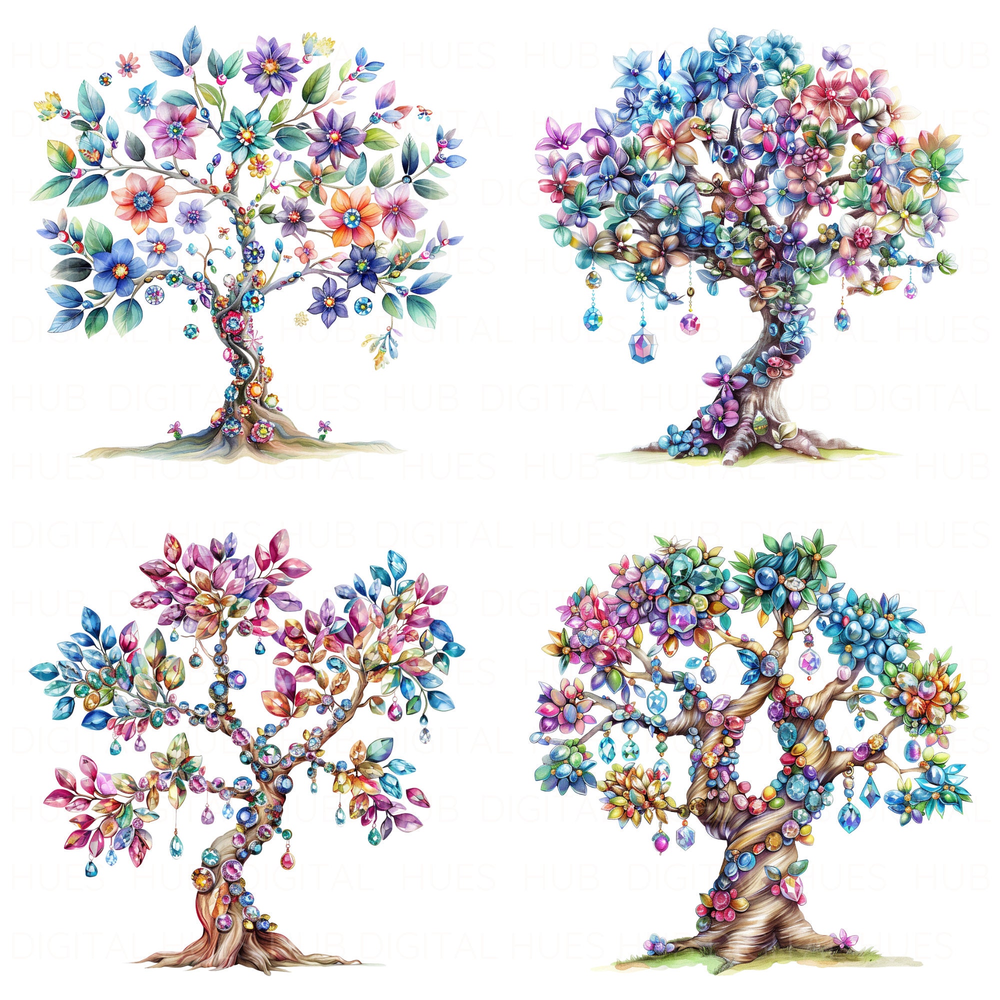 12 Colorful Jewel Tree Clipart Watercolor Gemstone Tree of Life High ...