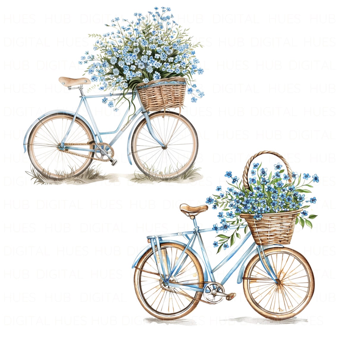 10 Floral Bicycle Clipart Bundle Watercolor Forget Me Not Printable ...