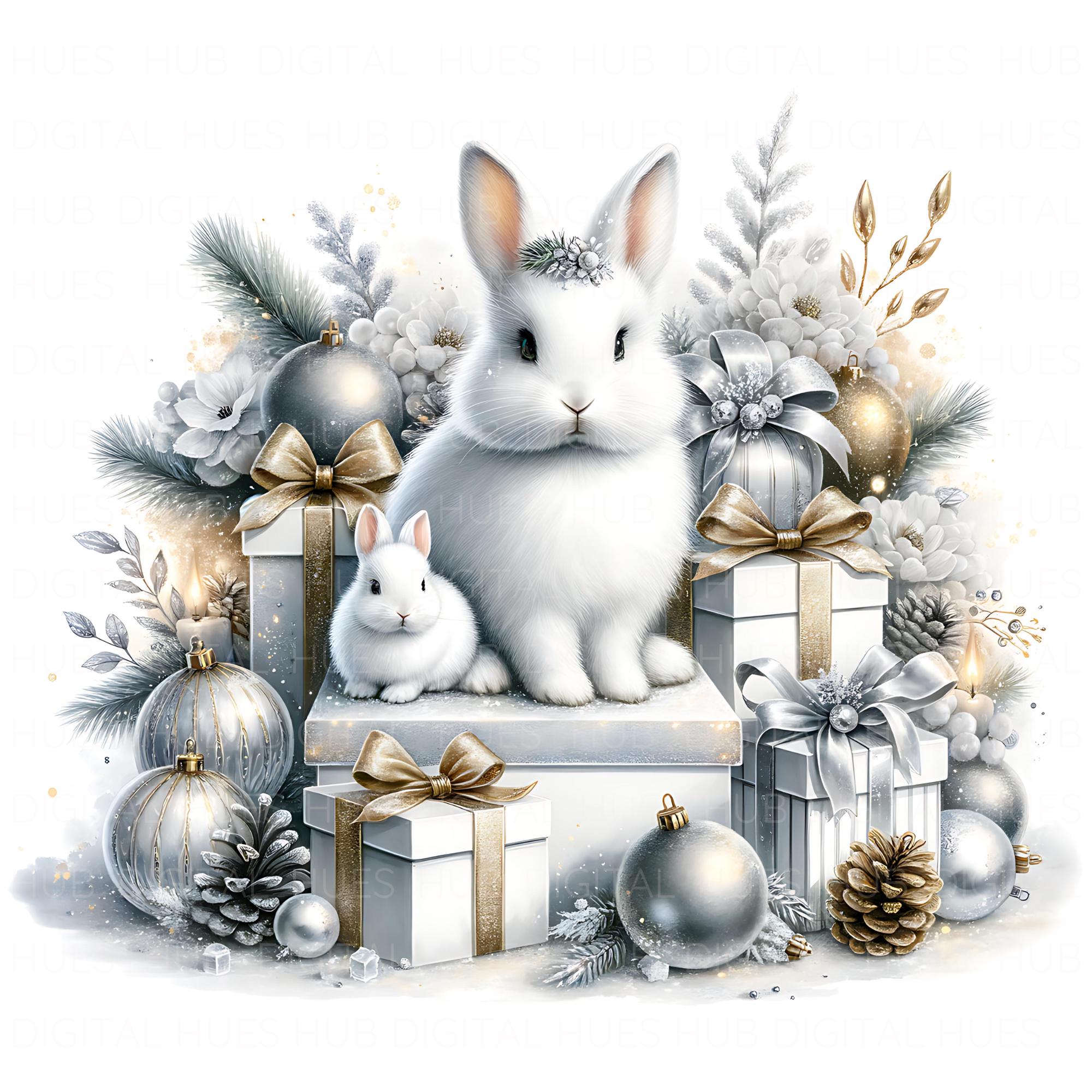 11 White Christmas Bunny Clipart: Watercolor Winter Rabbit JPG, Cute ...