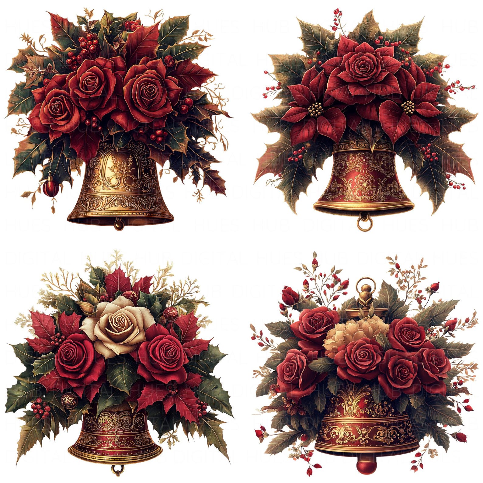 12 Floral Christmas Bell Roses Clipart Watercolor Holiday Graphics ...