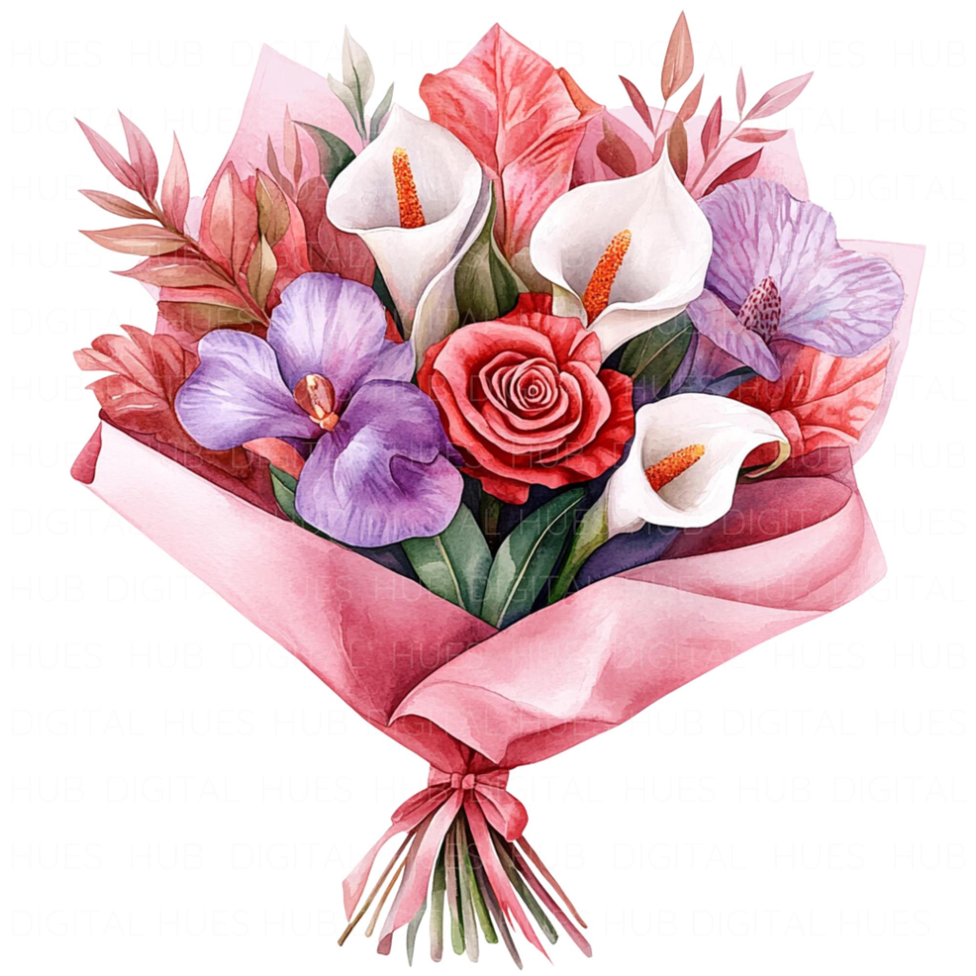 14 Valentine Flower Bouquet Clipart Watercolor Mixed Flowers Printable ...