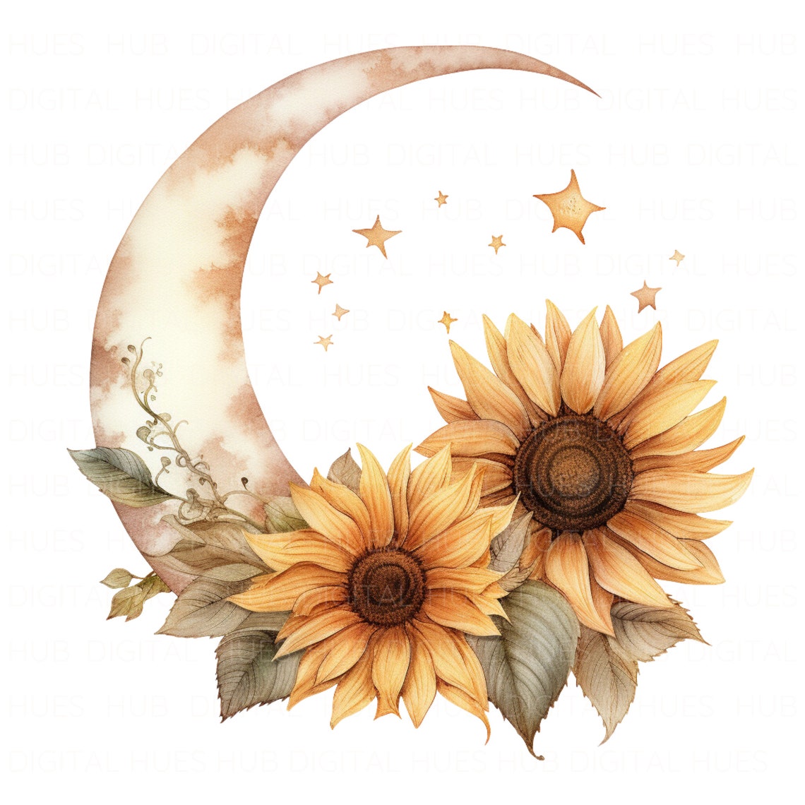 14 Sunflower Moon Clipart Watercolor Floral Moon Nursery Bedroom Art ...