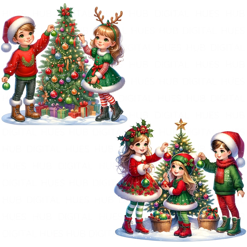 10 Christmas Kids Clipart: Watercolor Cute Children Decorating ...