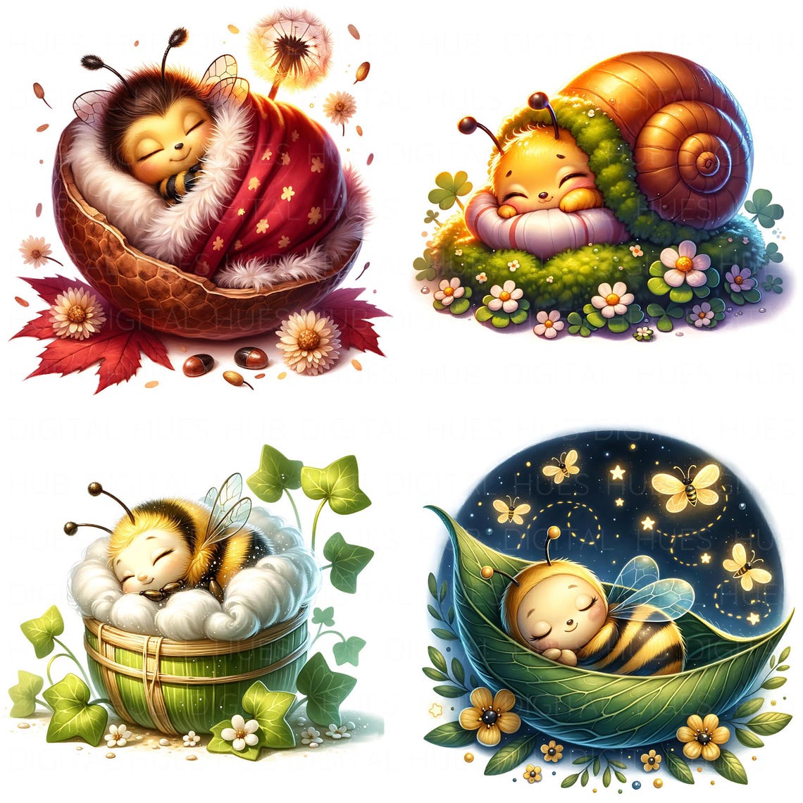 20 Cute Baby Bee Sleeping Clipart Floral Baby Bee Cartoon Bumble Bee ...