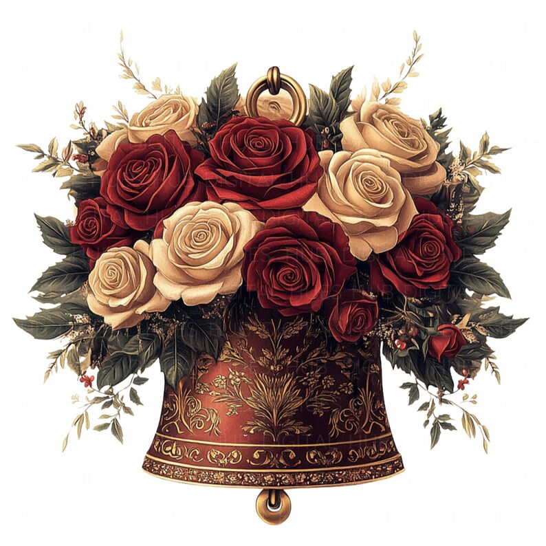12 Floral Christmas Bell Roses Clipart Watercolor Holiday Graphics ...