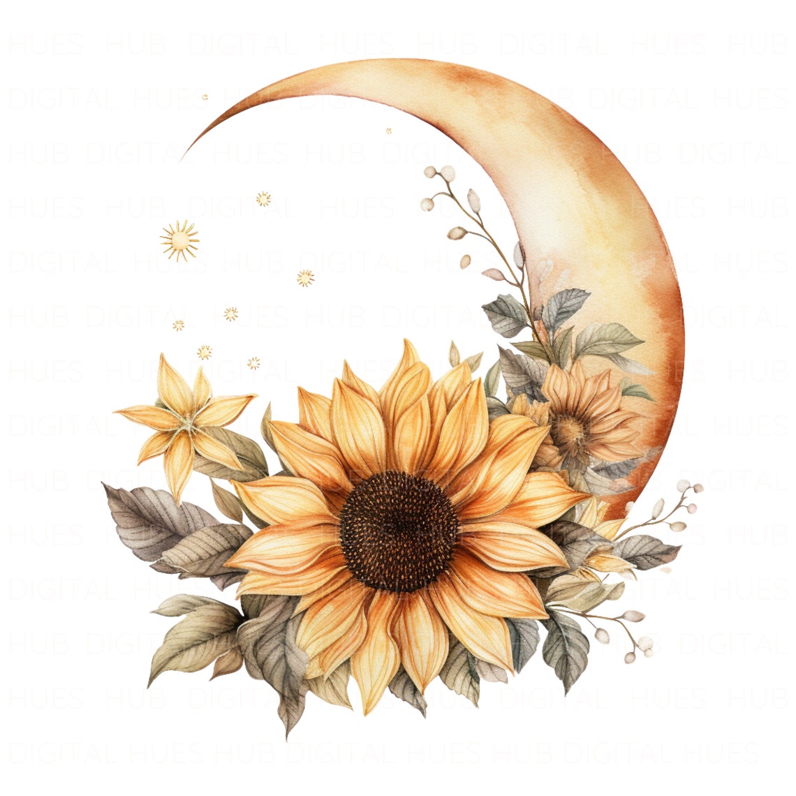 14 Sunflower Moon Clipart Watercolor Floral Moon Nursery Bedroom Art ...
