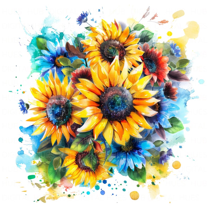 10 Colorful Sunflower Clipart Bundle Watercolor Bright Sunflowers ...