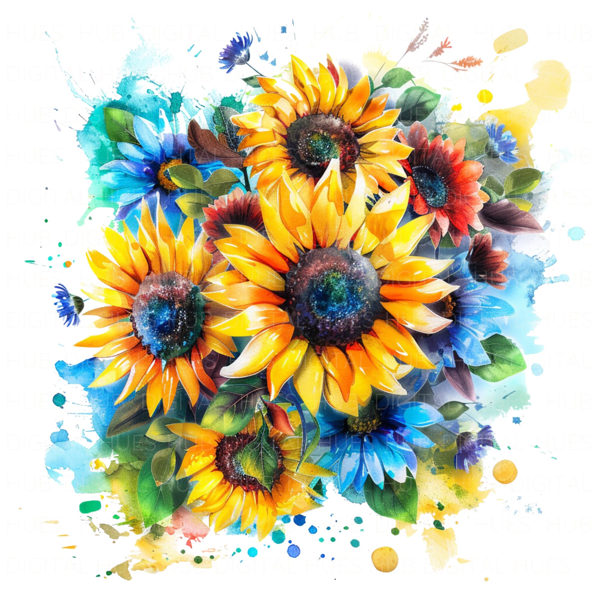 10 Colorful Sunflower Clipart Bundle Watercolor Bright Sunflowers ...