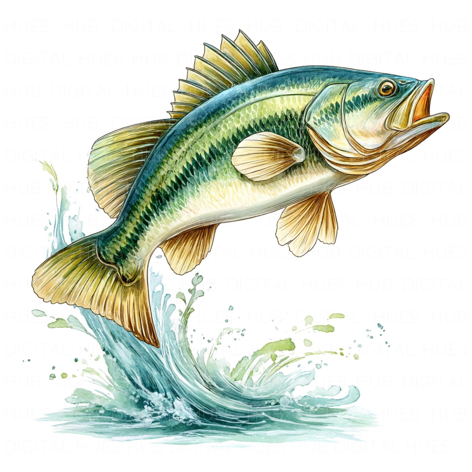 10 Jumping Bass Fish Clipart Watercolor Bass Fish Design Fishing ...