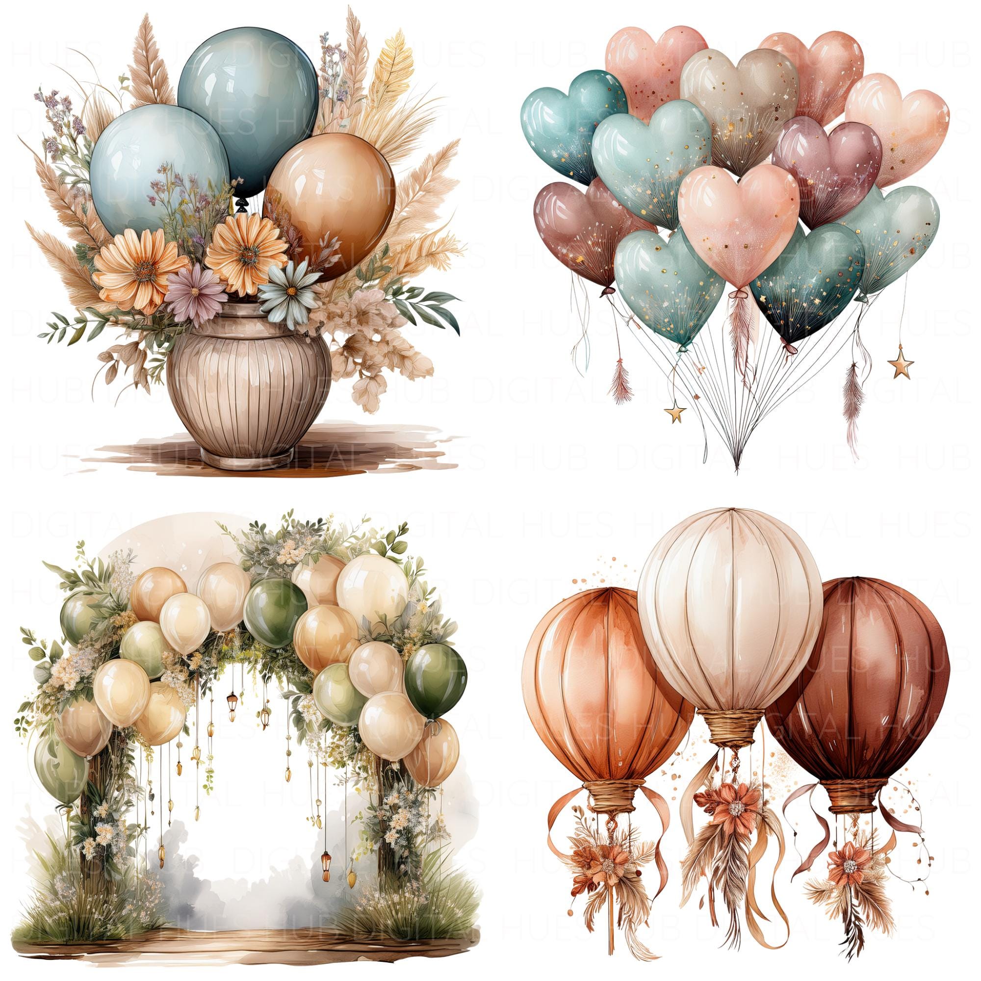 20 Boho Balloon Garland Clipart Watercolor Party Balloons Birthday ...