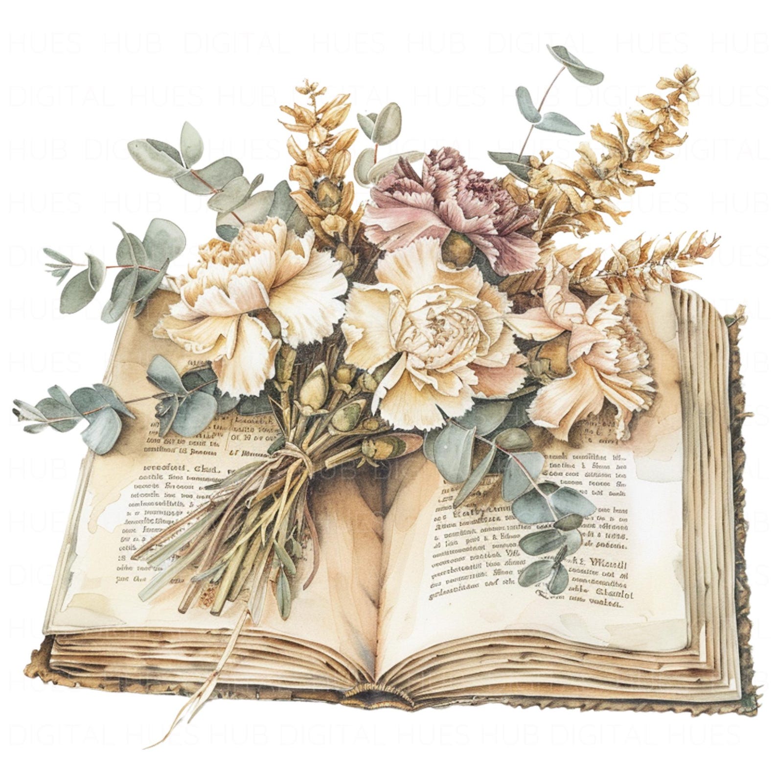 15 Dried Carnation Books Clipart Watercolor Old Floral Magic Book ...