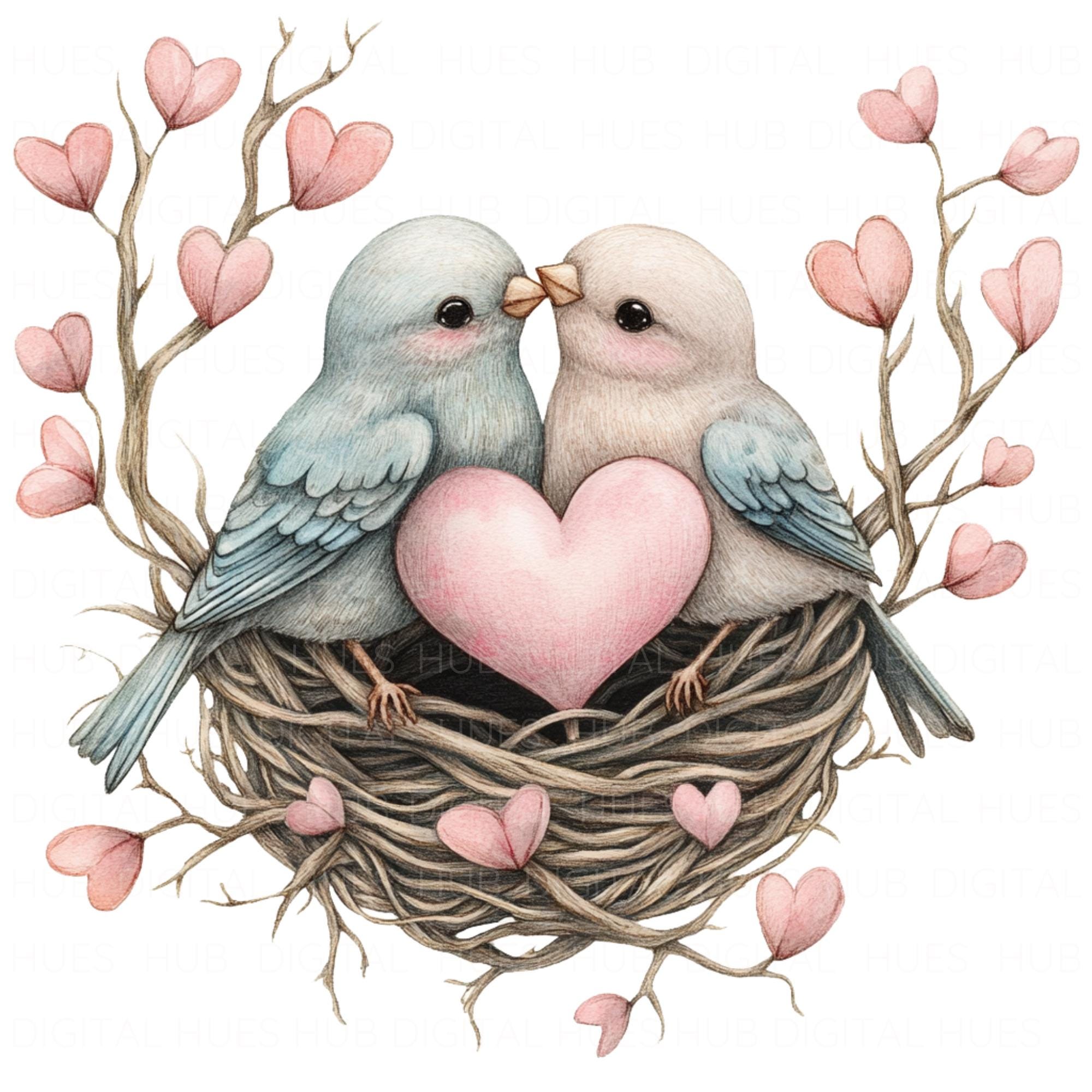 11 Romantic Bird Couple Clipart Watercolor Love Birds Nest Printable ...