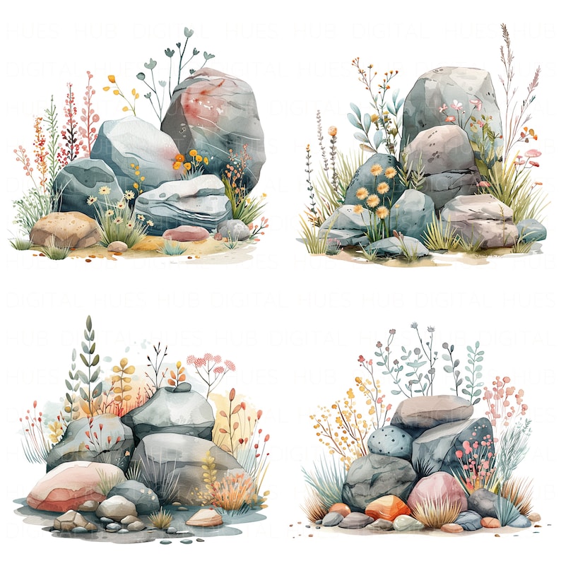 15 Rock Garden Clipart Bundle Watercolor Rock Clipart Printable High ...