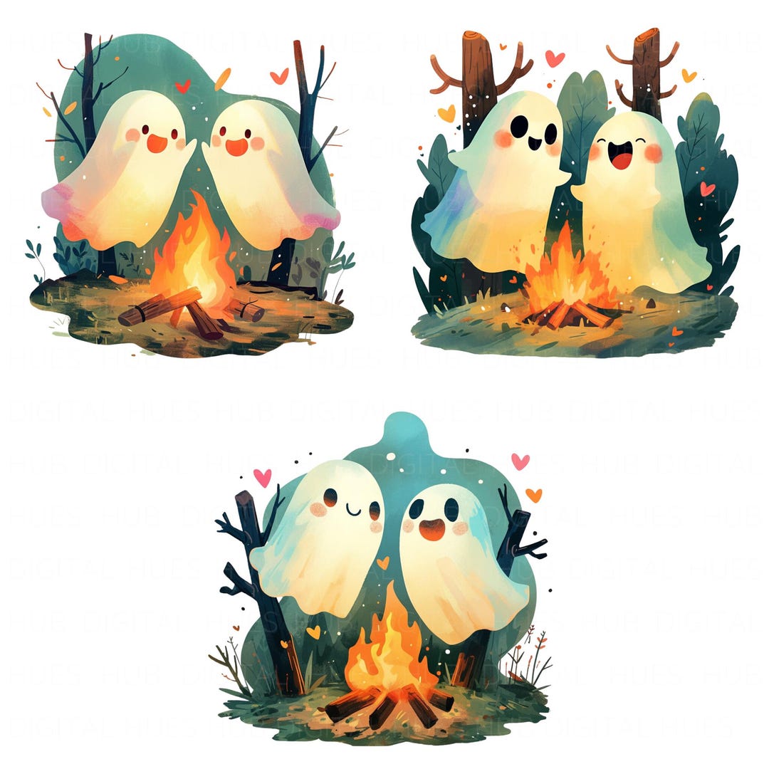 10 Cute Couple Ghost Dancing by Fire Clipart Watercolor Cartoon Kawaii ...