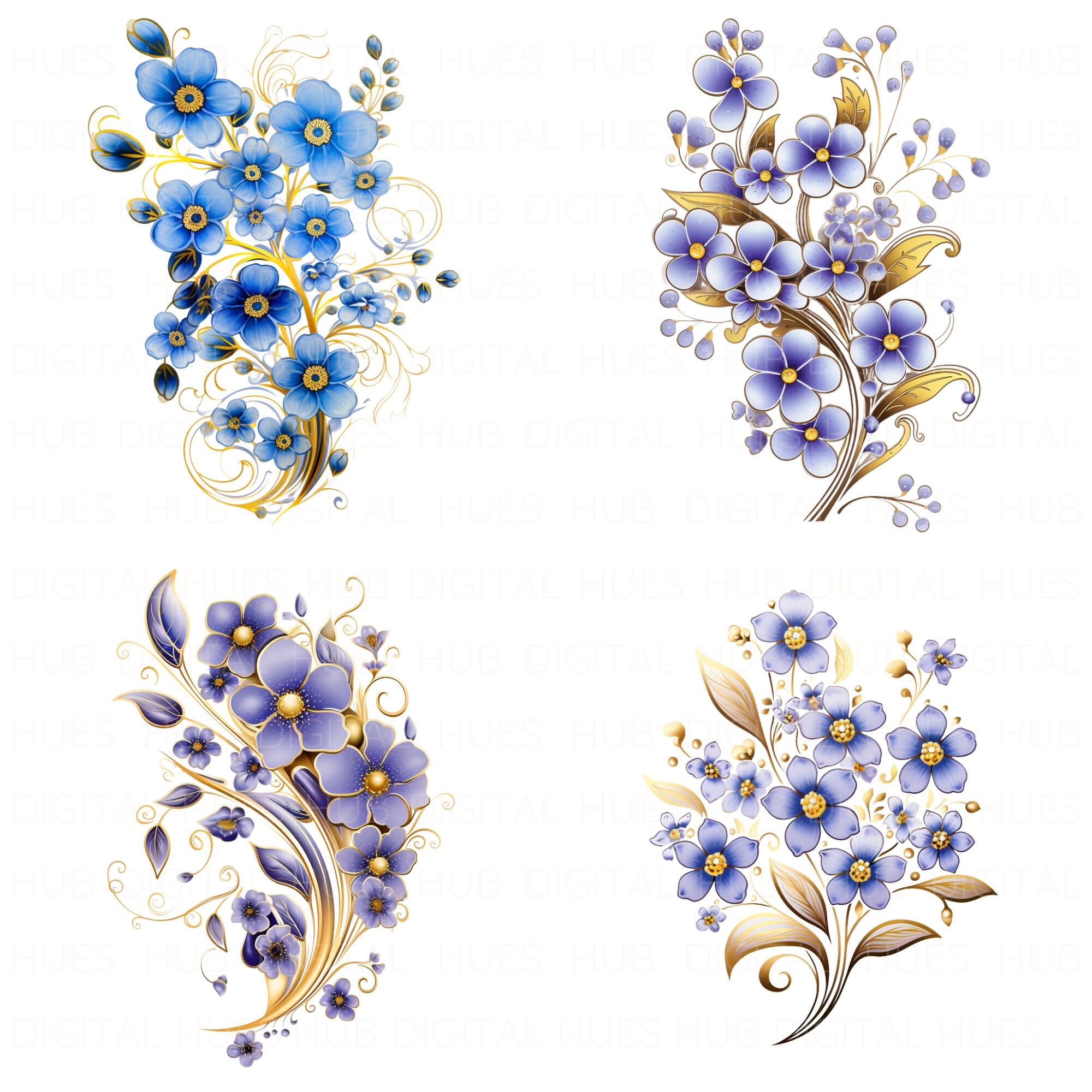 12 Forget Me Not Design Element Clipart Bundle Watercolor Border Design ...
