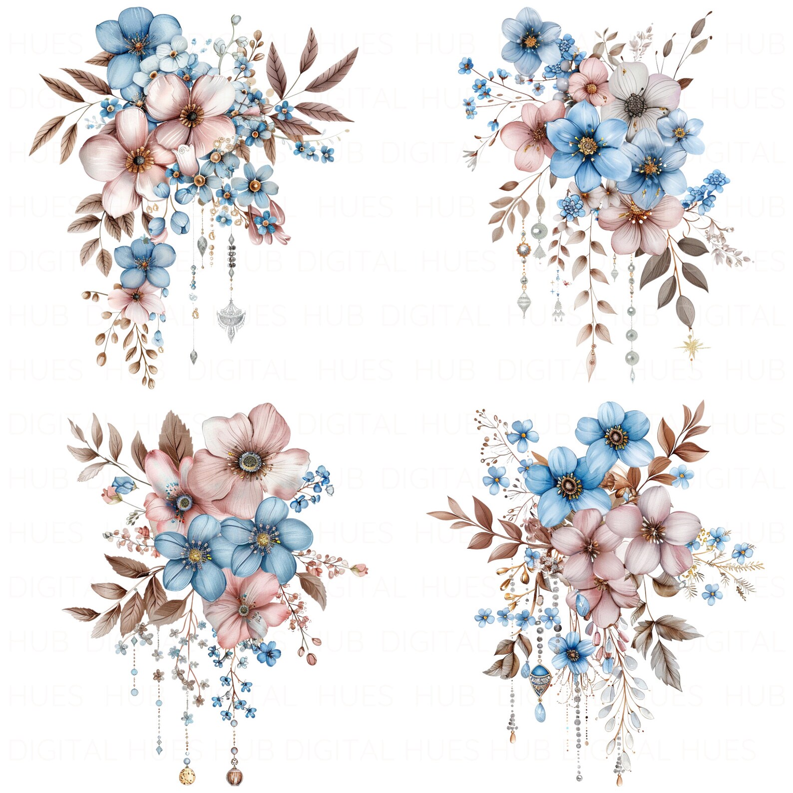 14 Boho Forget Me Not Print Clipart Bundle Watercolor Blue Flower ...